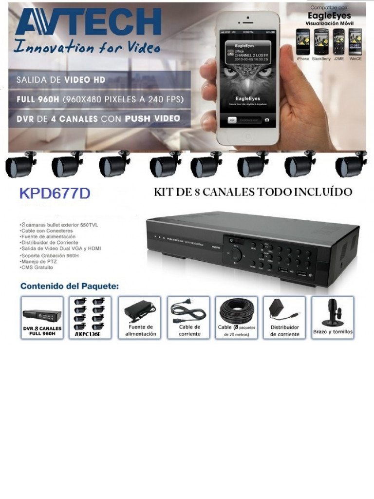 AVTECH KPD677DKIT- KIT DE 8 CH/INCLUYE DVR KPD677D (MDR757D)FULL960H /8 ...