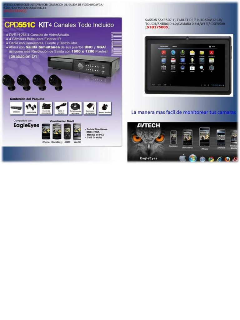 AVTECH CPD551CKITTAB- KIT DVR 4 CH+TABLET SAXPAD 7.1/DVR CON GRABACION ...