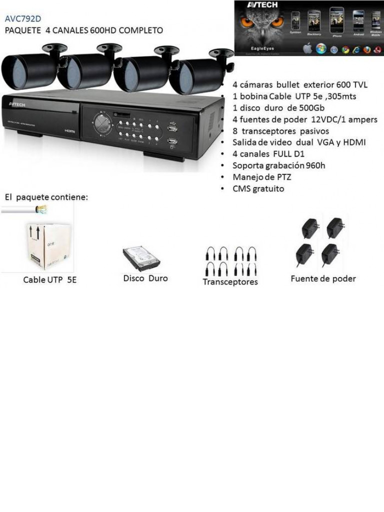AVTECH AVC792DKITHKP1-KIT COMPLETO DVR DE 4CH FULL 960H/SALIDA DE VIDEO HDMI/INCLUYE 4 CAMARAS ...